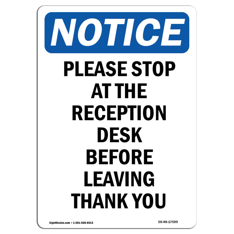 SignMission Please Stop At The Reception Desk Sign | Wayfair